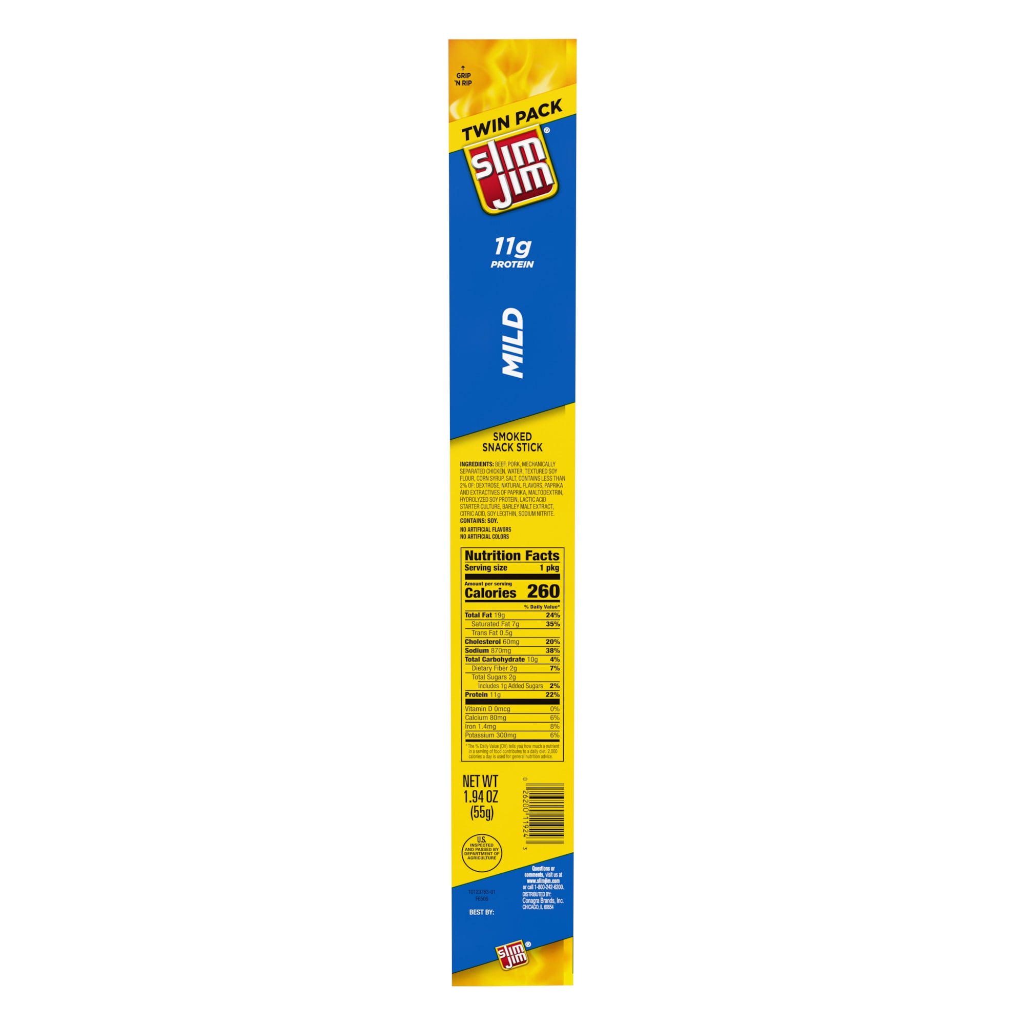Slim Jim Smoked Meat Sticks, Mild Flavor, 11g Protein Per Serving, Twin ...