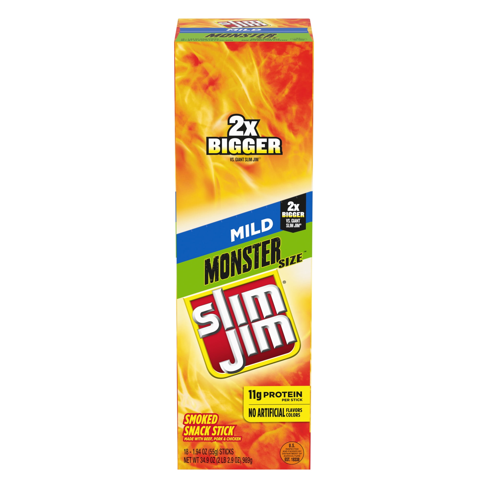 Slim Jim Monster Mild Flavored Smoked Snack Stick, 1.94 Oz., 18-Count ...