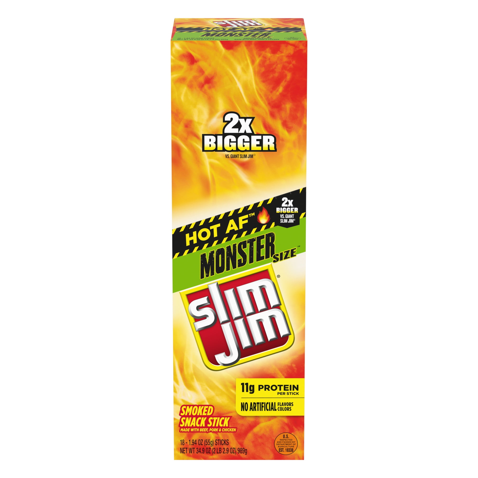 Slim Jim Monster Smoked Meat Snack Stick, Hot AF Flavor, 11g Protein ...