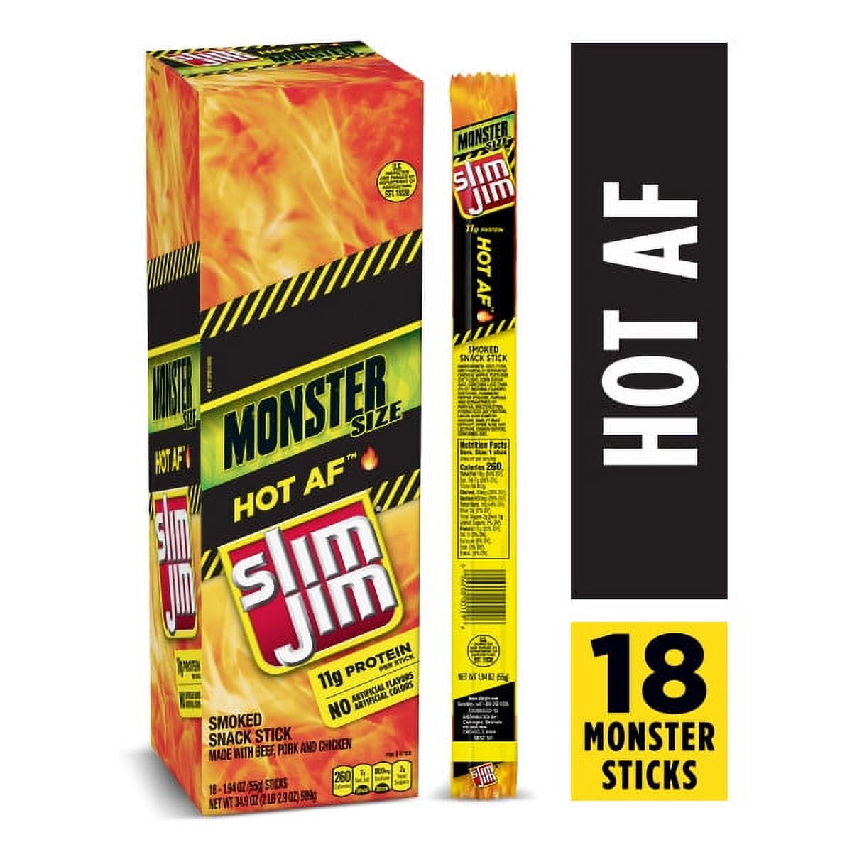 Slim Jim Monster Smoked Meat Snack Stick, Hot AF Flavor, Packed With ...