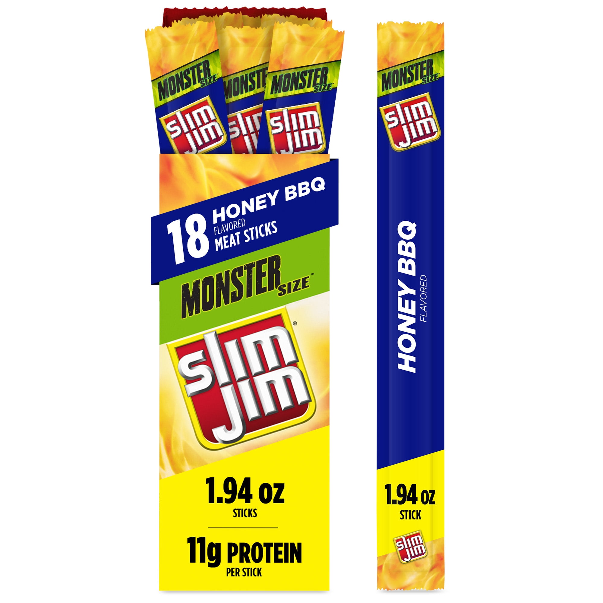 Slim Jim Monster Smoked Meat Sticks, Honey BBQ Flavor, 11g Protein Per ...