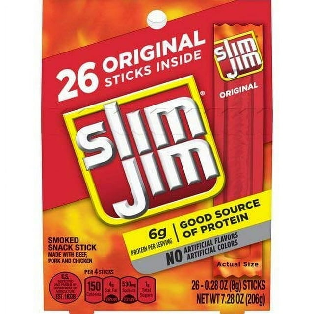 Slim Jim Original Flavor Protein Snack, .28 Oz. 26-Count, Single ...