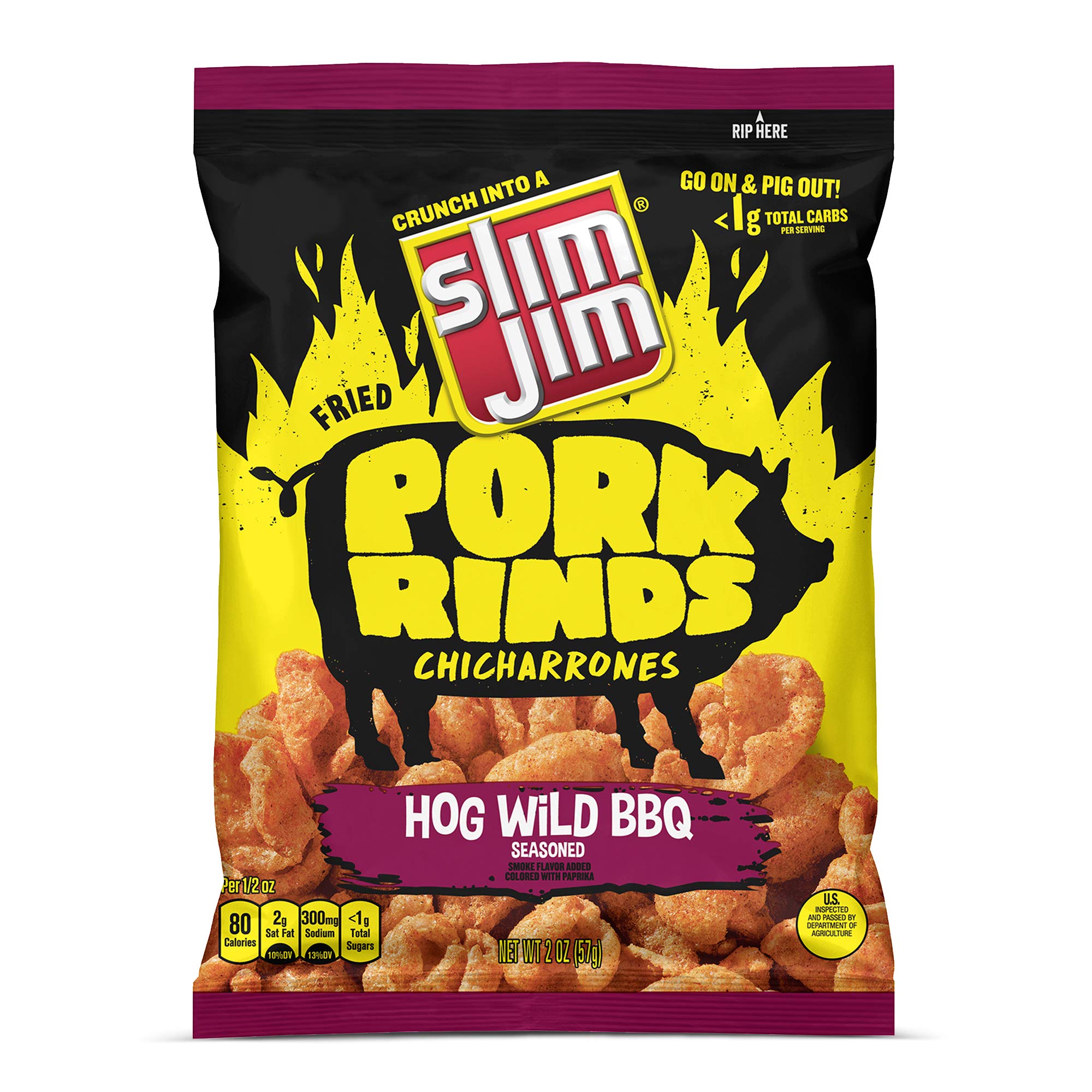 Slim Jim Pork Rinds Hog Wild BBQ Fried Snacks, Keto Friendly, 2 oz. Bag ...