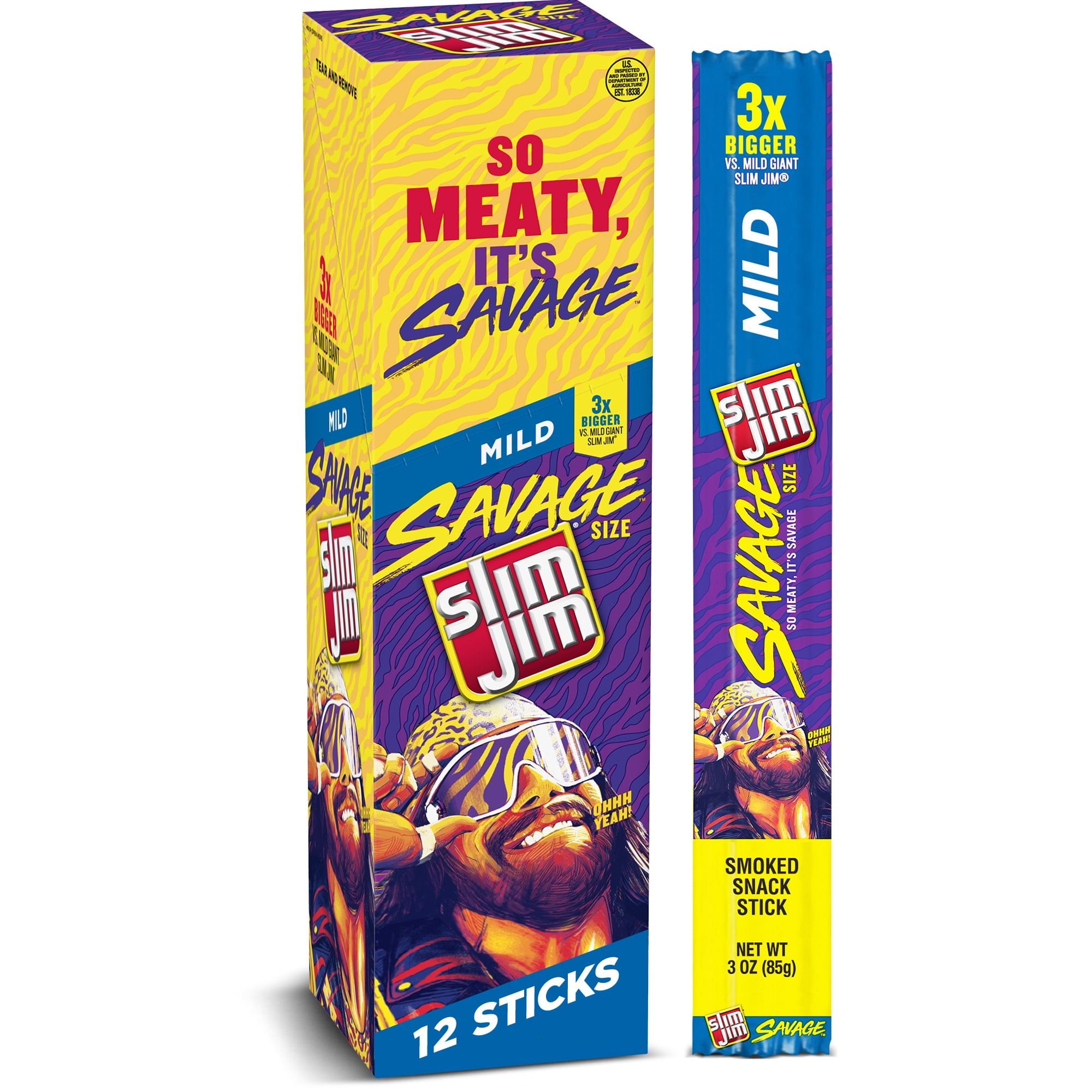 Slim Jim Savage Mild Flavor Smoked Meat Snack Sticks, 6g Protein Per ...