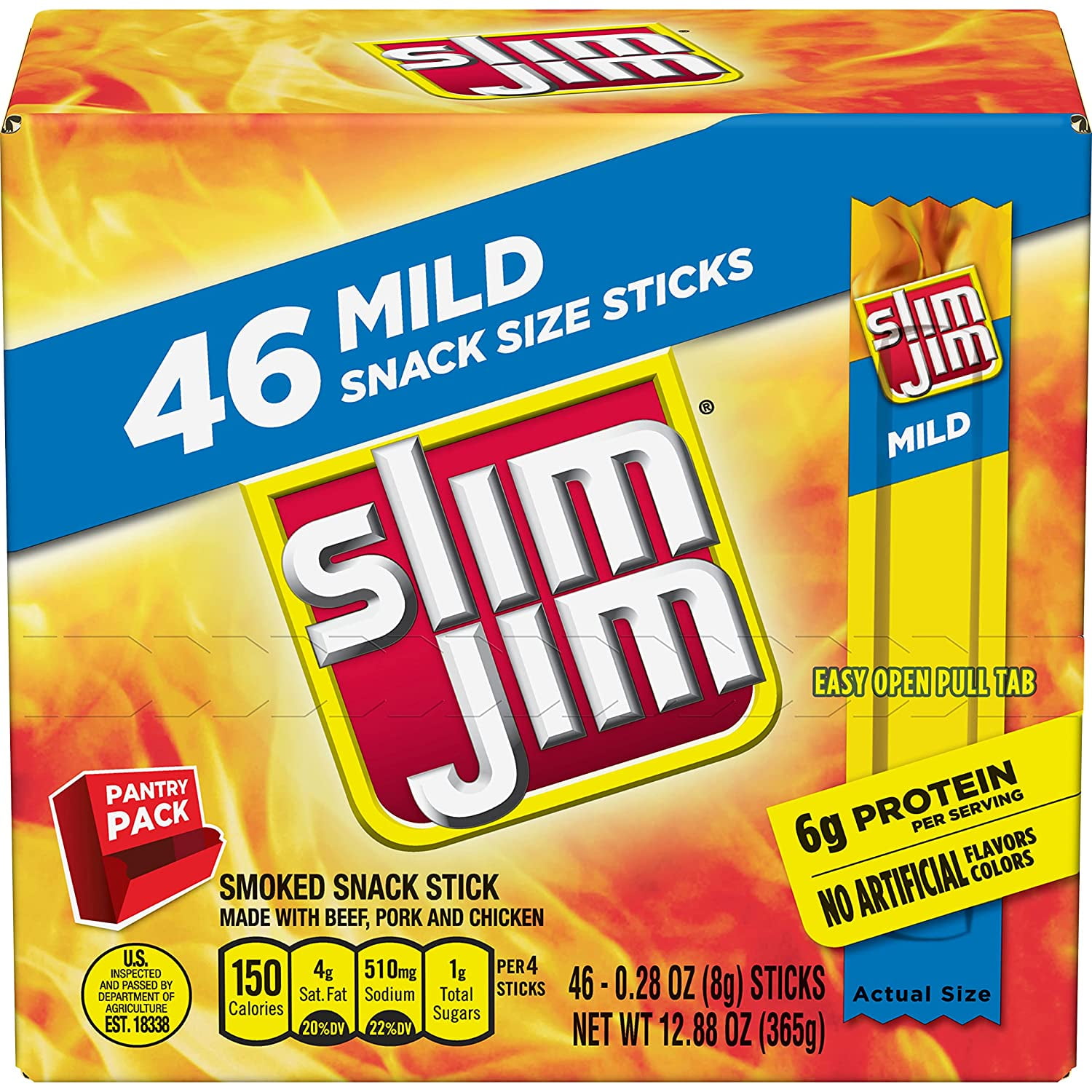 Slim Jim Mild Smoked Snack Sticks, Multipack Pantry Box, .28 oz., 46 ...