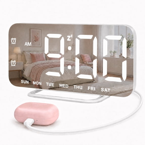 Slim LED Digital Alarm Clock, Mirror Surface for Makeup, with Diming ...