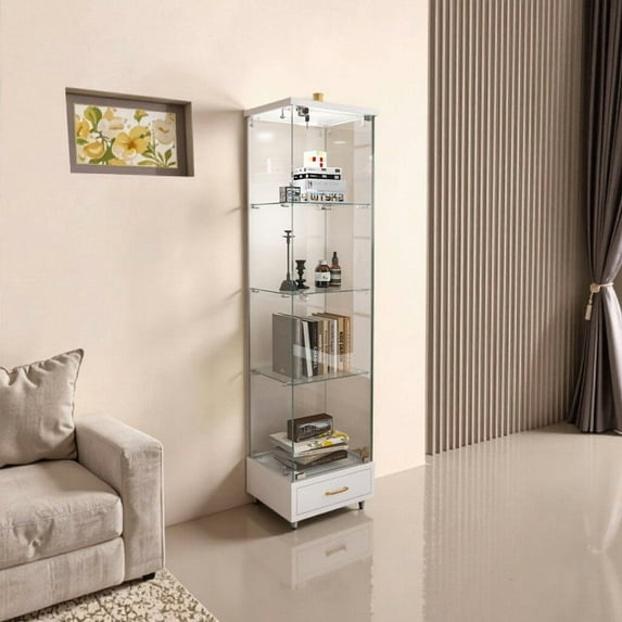 Slim LED Display Cabinet with Drawer & Wheels, 13-Color Remote Lighting ...