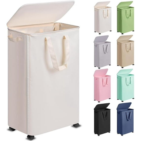 Slim Laundry Hamper with Lid and Wheels, Small Rolling Laundry Basket ...