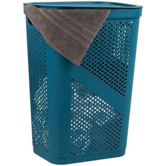 Slim Laundry Hamper with Lid, 60L Clothes Basket, Ventilated Plastic ...