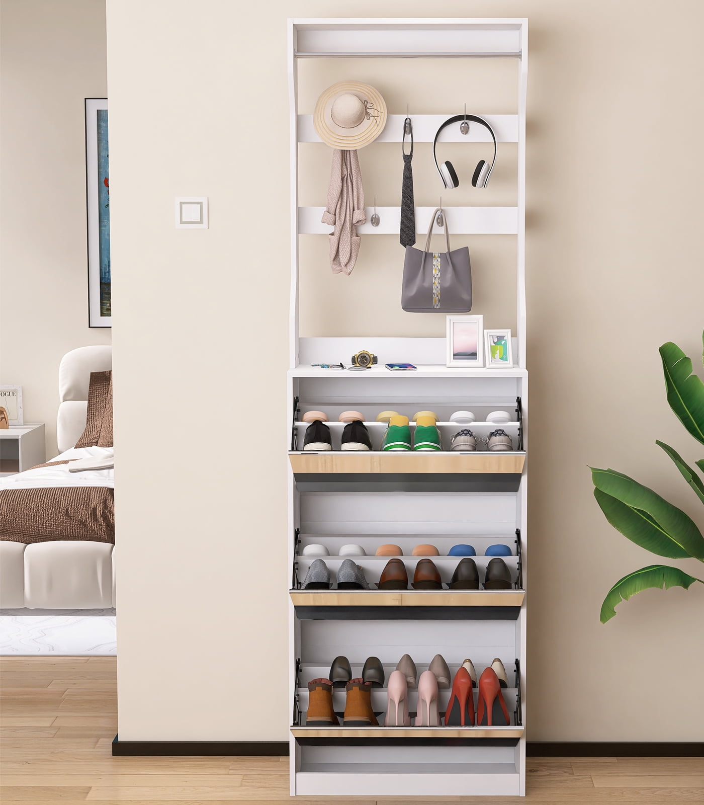 Slim Mirror Shoe Cabinet with 3 Flip Drawers, Hidden Shoe Cabinet with ...