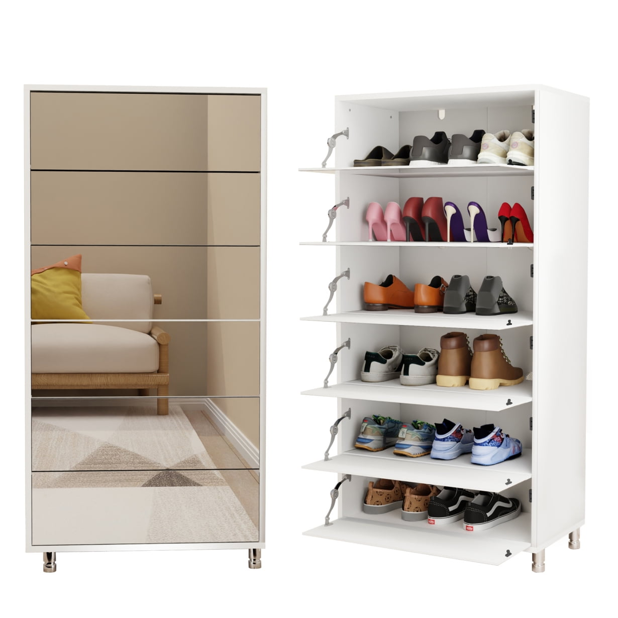 Slim Mirror Shoe Storage Cabinet for Entryway,Narrow Tall Freestanding ...