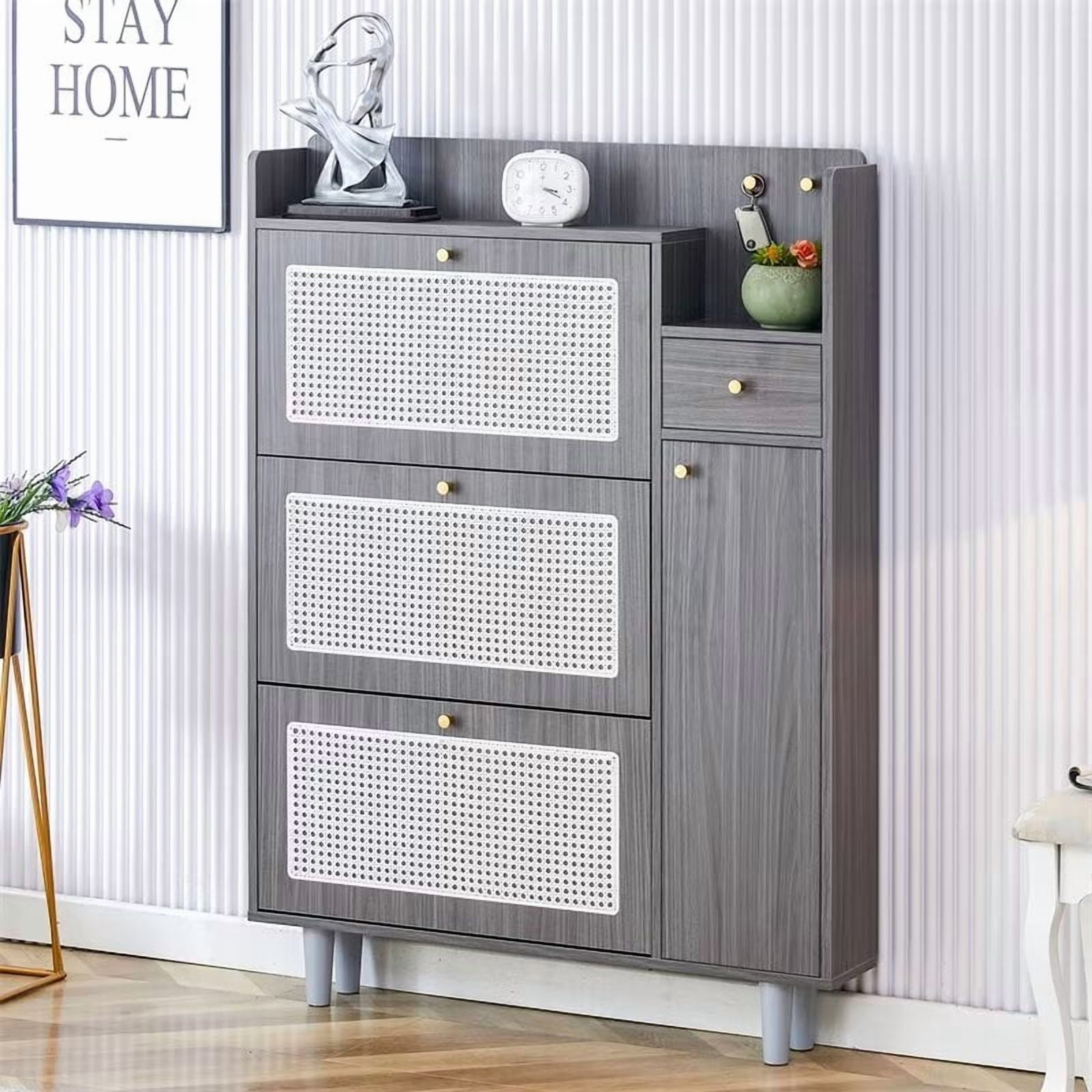 Slim Rattan Shoe Storage Cabinet for Entryway, Free Standing Shoe Rack ...