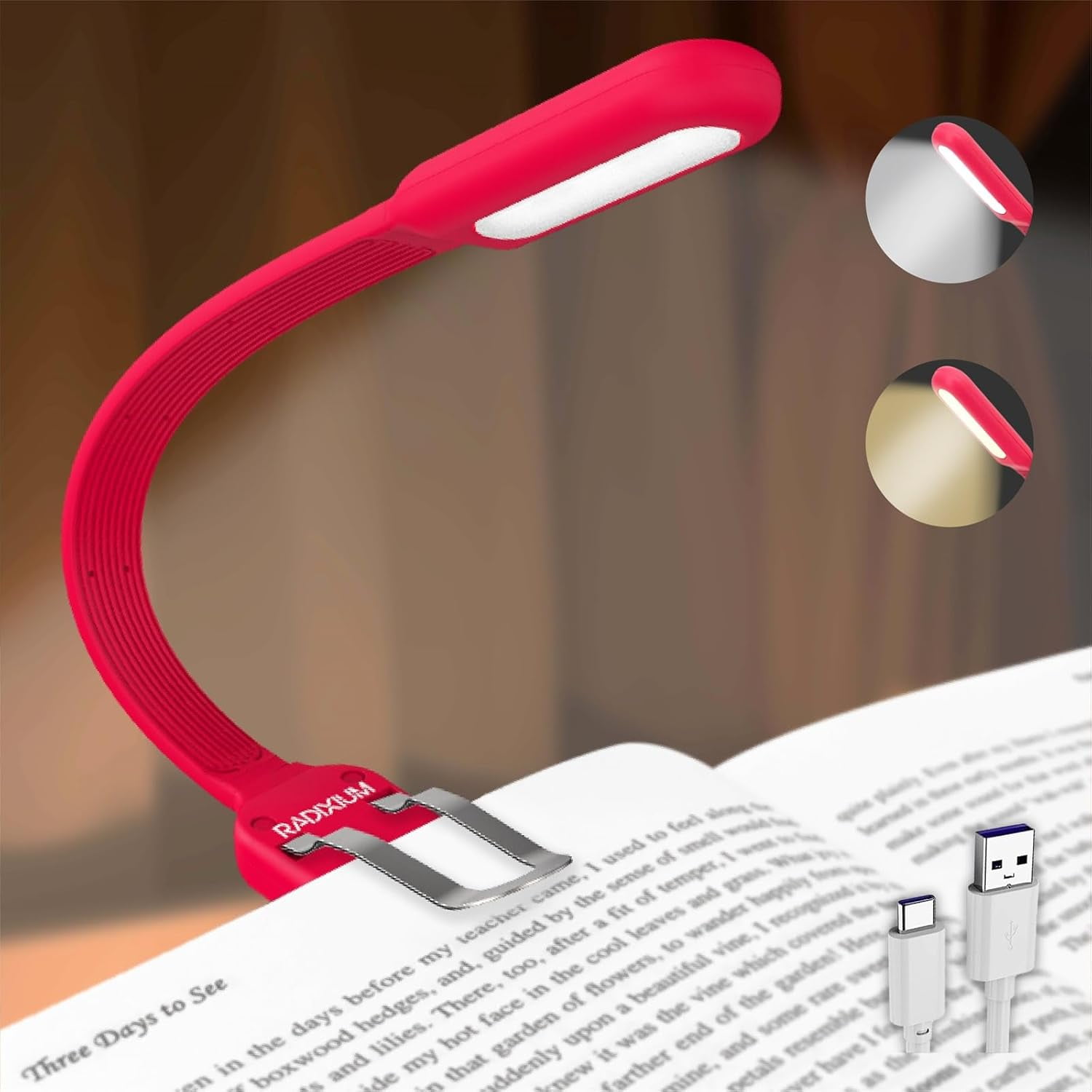 Slim Rechargeable Book Reading Light, Eye Caring LED with 4 Color ...