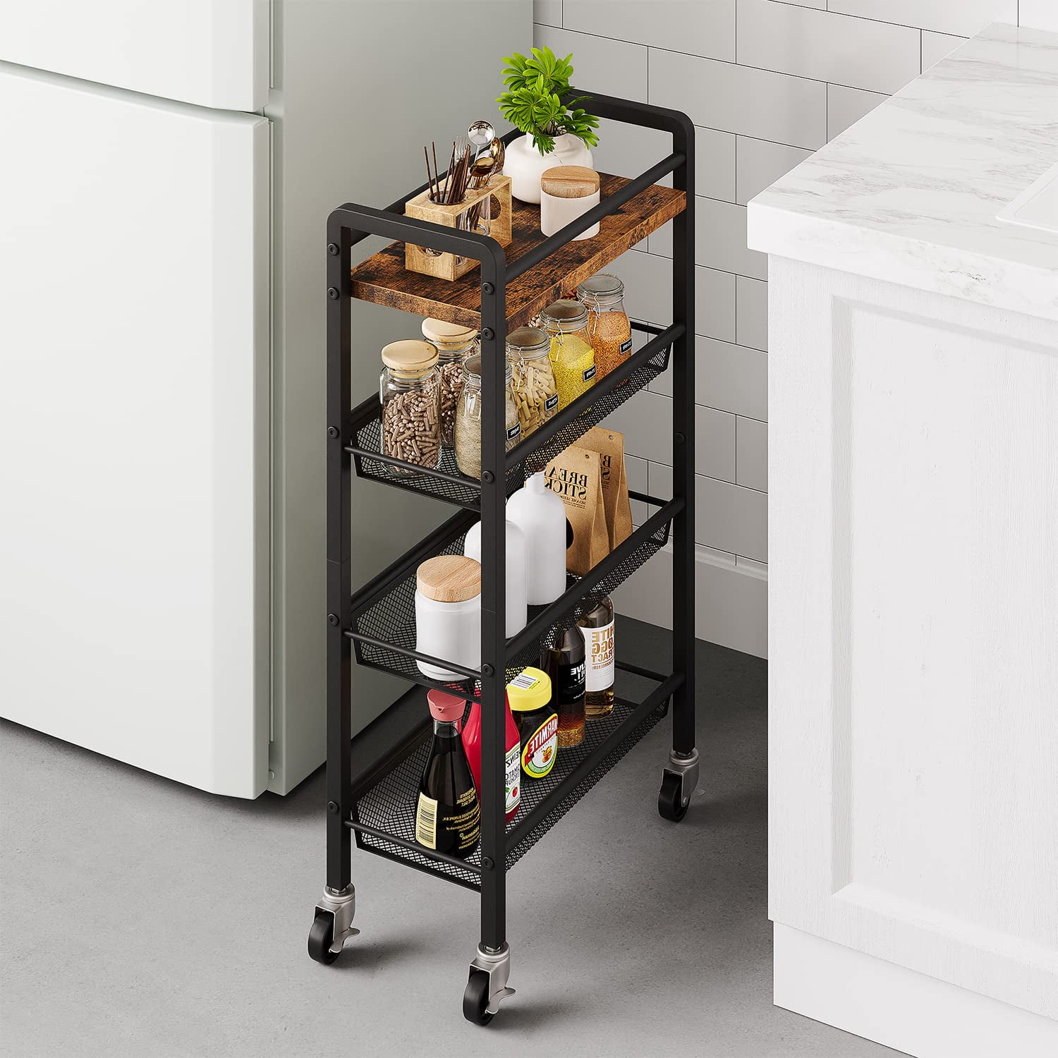 Slim Rolling Cart, 4 Tier Kitchen Storage Cart on Wheels Mobile Narrow ...