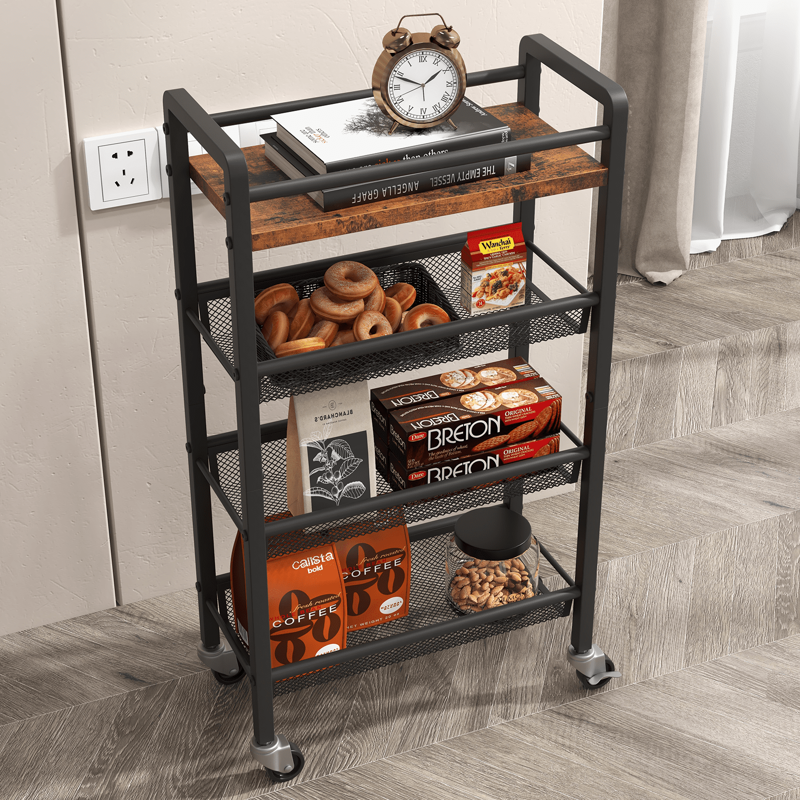 Slim Rolling Cart, 4 Tier Kitchen Storage Cart on Wheels Mobile Narrow ...