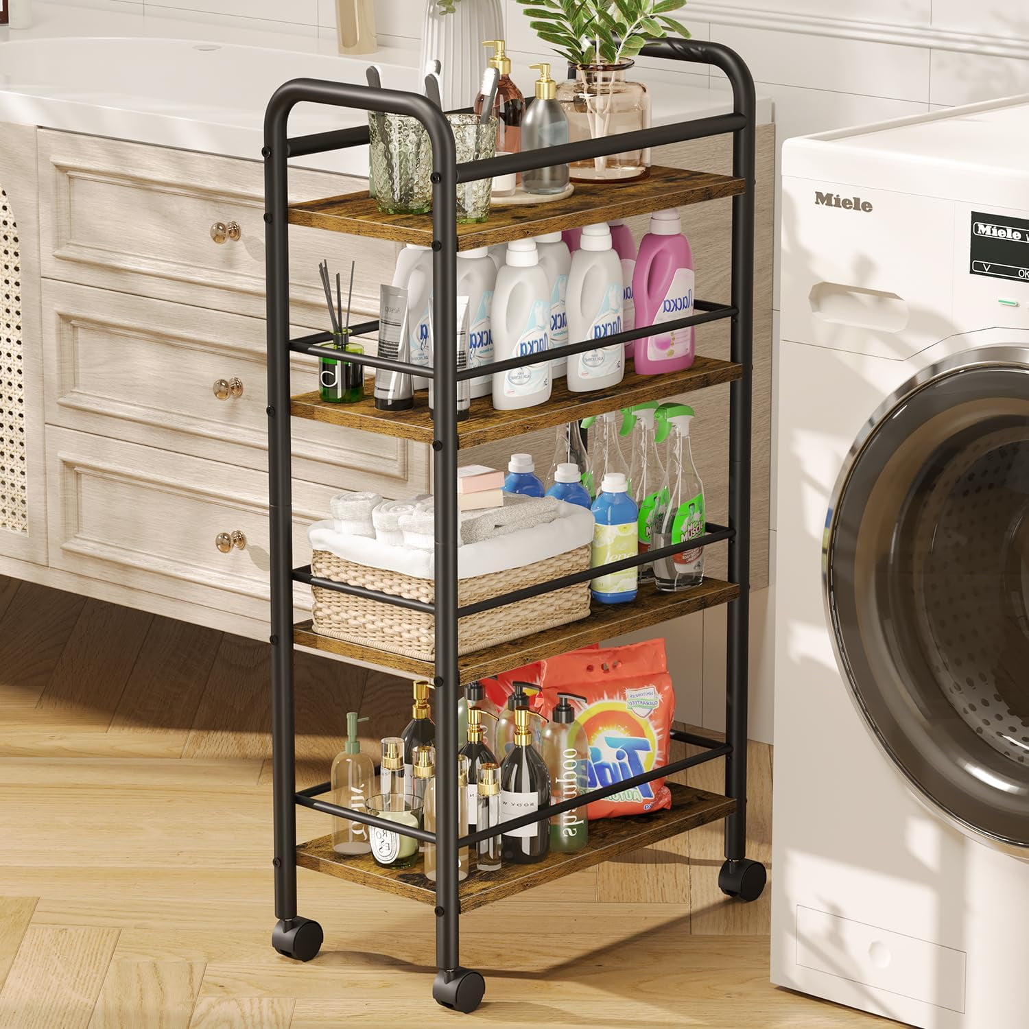 Slim Rolling Cart, 4-Tier Narrow Storage Cart with Handle, 9.1 Inches ...