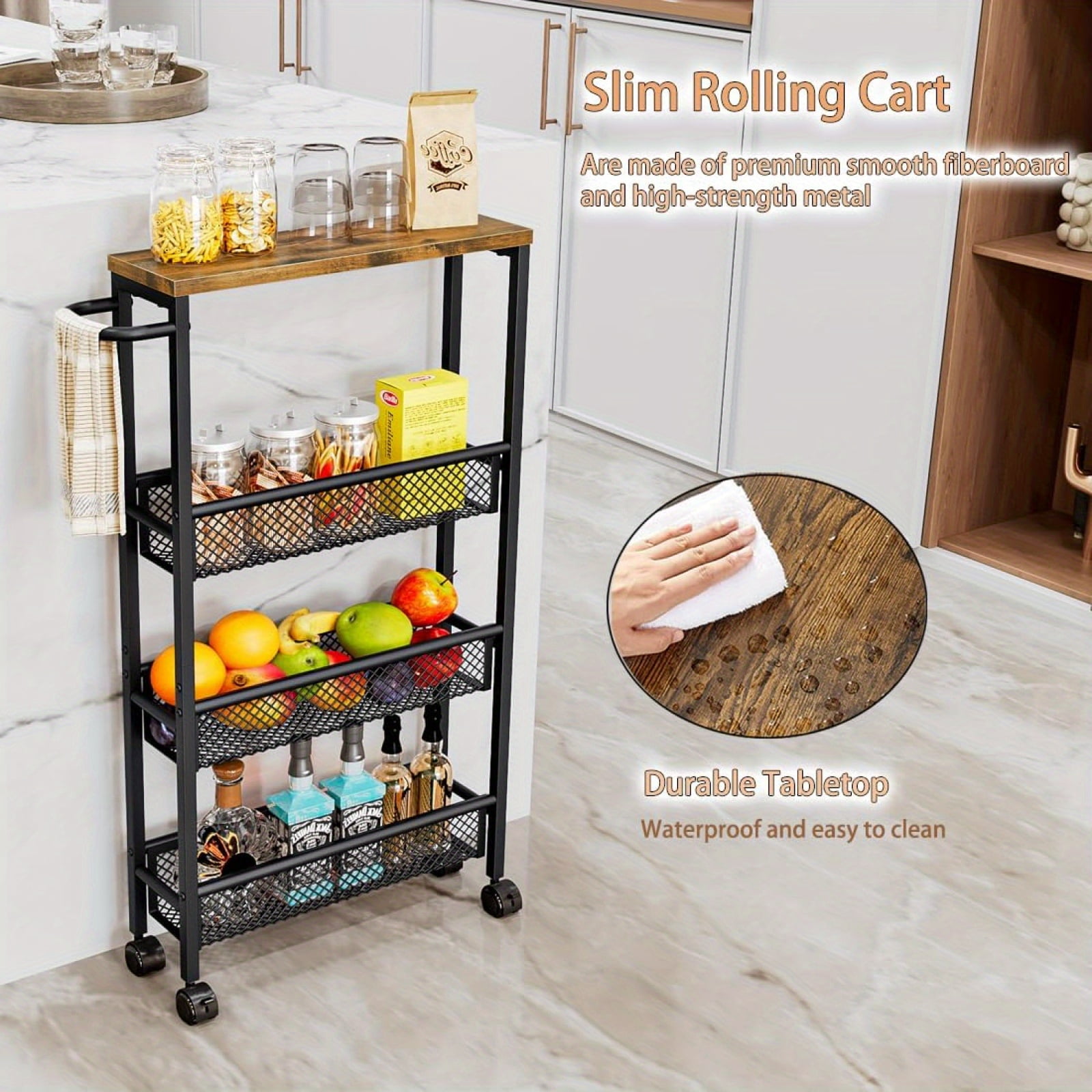 Slim Rolling Cart 4-Tier Narrow Storage Cart on Wheels with Metal ...
