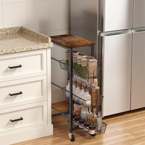 Slim Rolling Cart, 4-Tier Storage Cart, 9.1inch Narrow Kitchen Rolling ...
