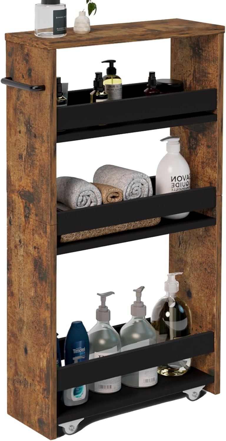 Slim Rolling Cart 4-Tier Utility Carts with Wheels Handle, Kitchen ...