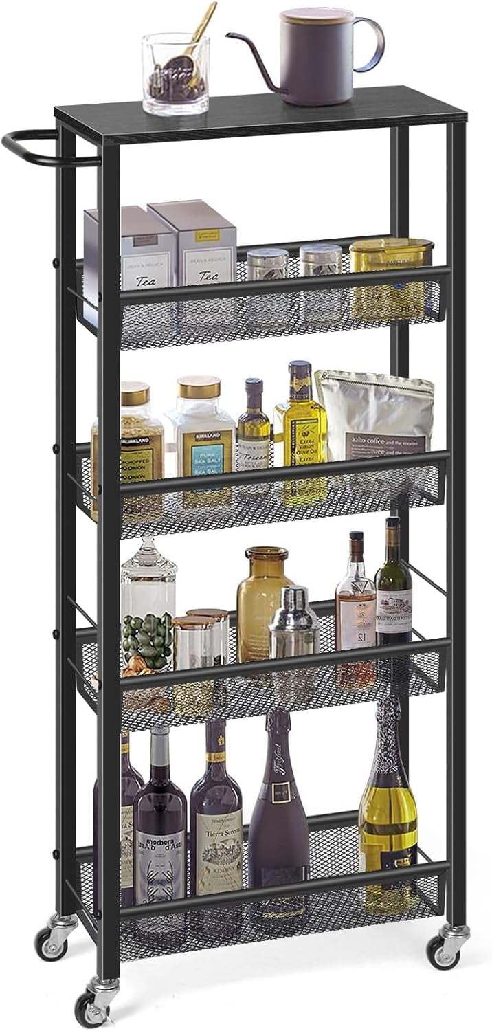 Slim Rolling Cart, 5 Tier Kitchen Storage Carts with Handle, Metal ...