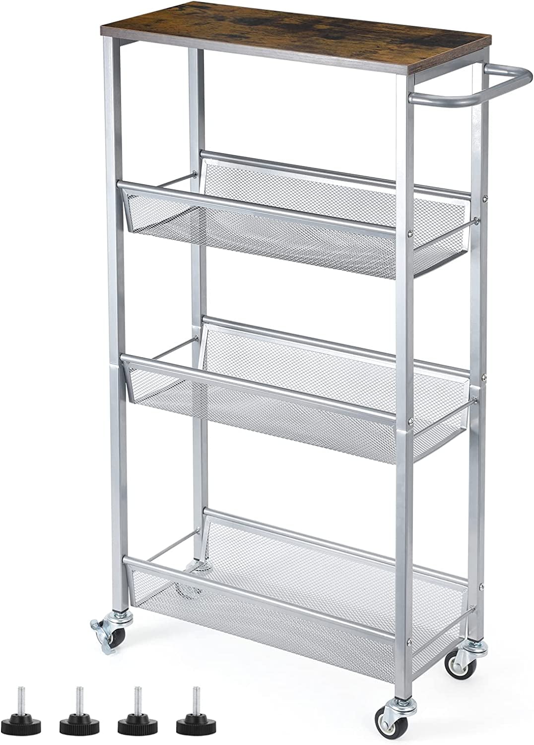 Slim Rolling Cart, Narrow Cart with Wood Top, 7.3'' Deep, Metal Handle ...