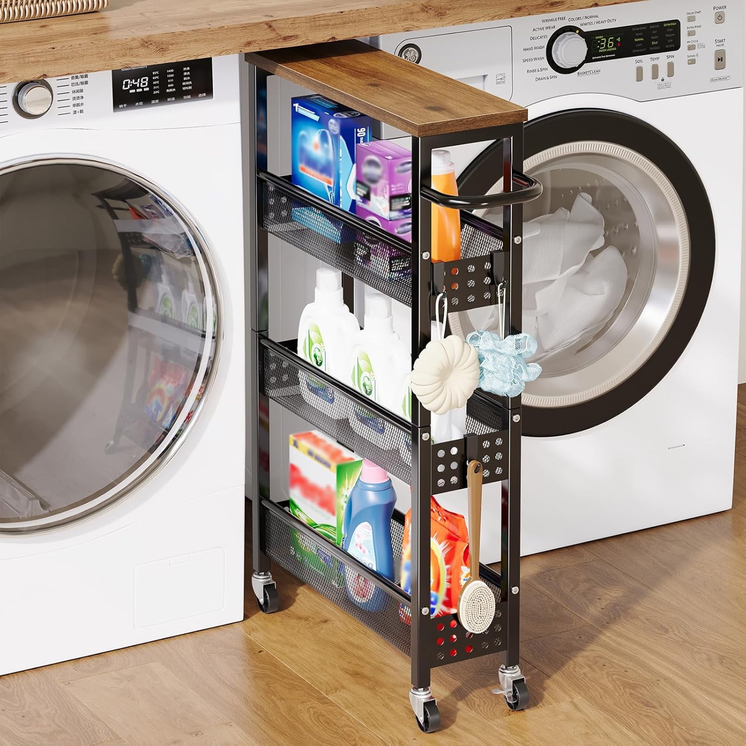 Slim Rolling Cart With Wooden Top for Small Spaces, 4 Tier Narrow Cart ...