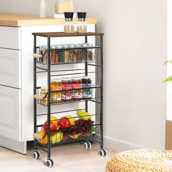 Slim Rolling Kitchen Organizer, 4-Tier Brown Narrow Multipurpose Cart ...