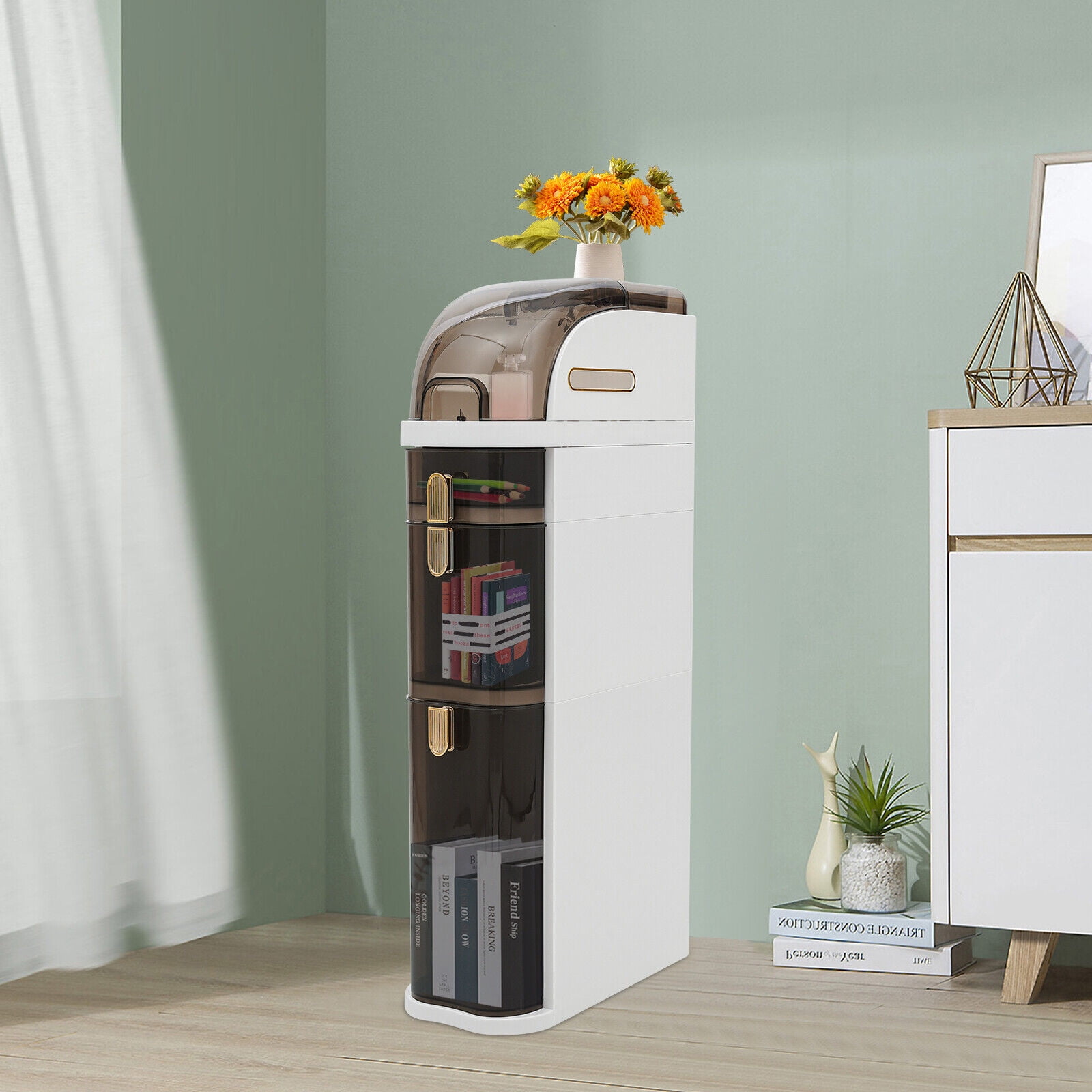 Slim Rolling Storage Cabinet with 3 Drawers & Hidden Top Compartment ...