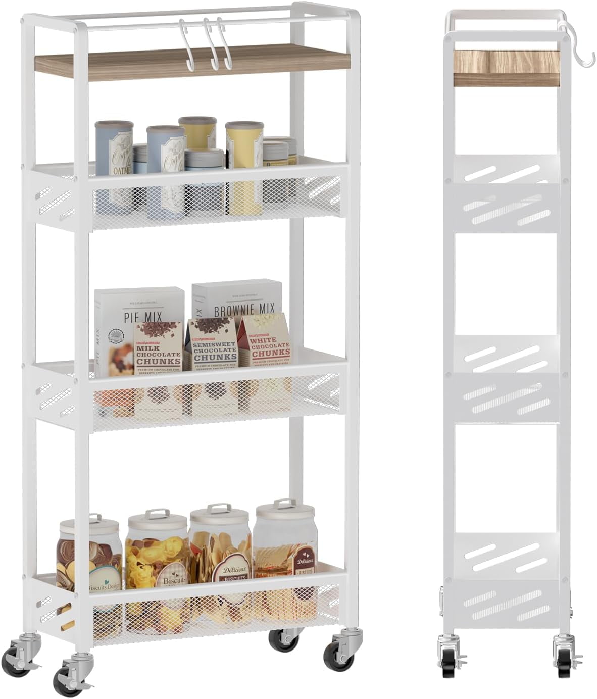 Slim rolling storage cart, four-tier kitchen cart with wheels, narrow ...