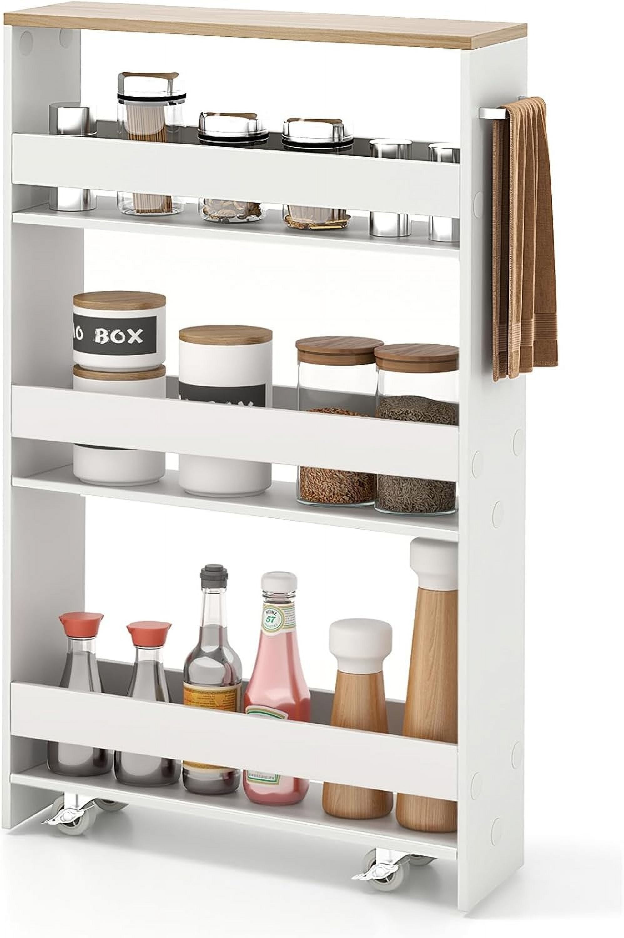 Slim Rolling Storage Cart, 4-Tier Kitchen Utility Carts on Wheels, Wood ...