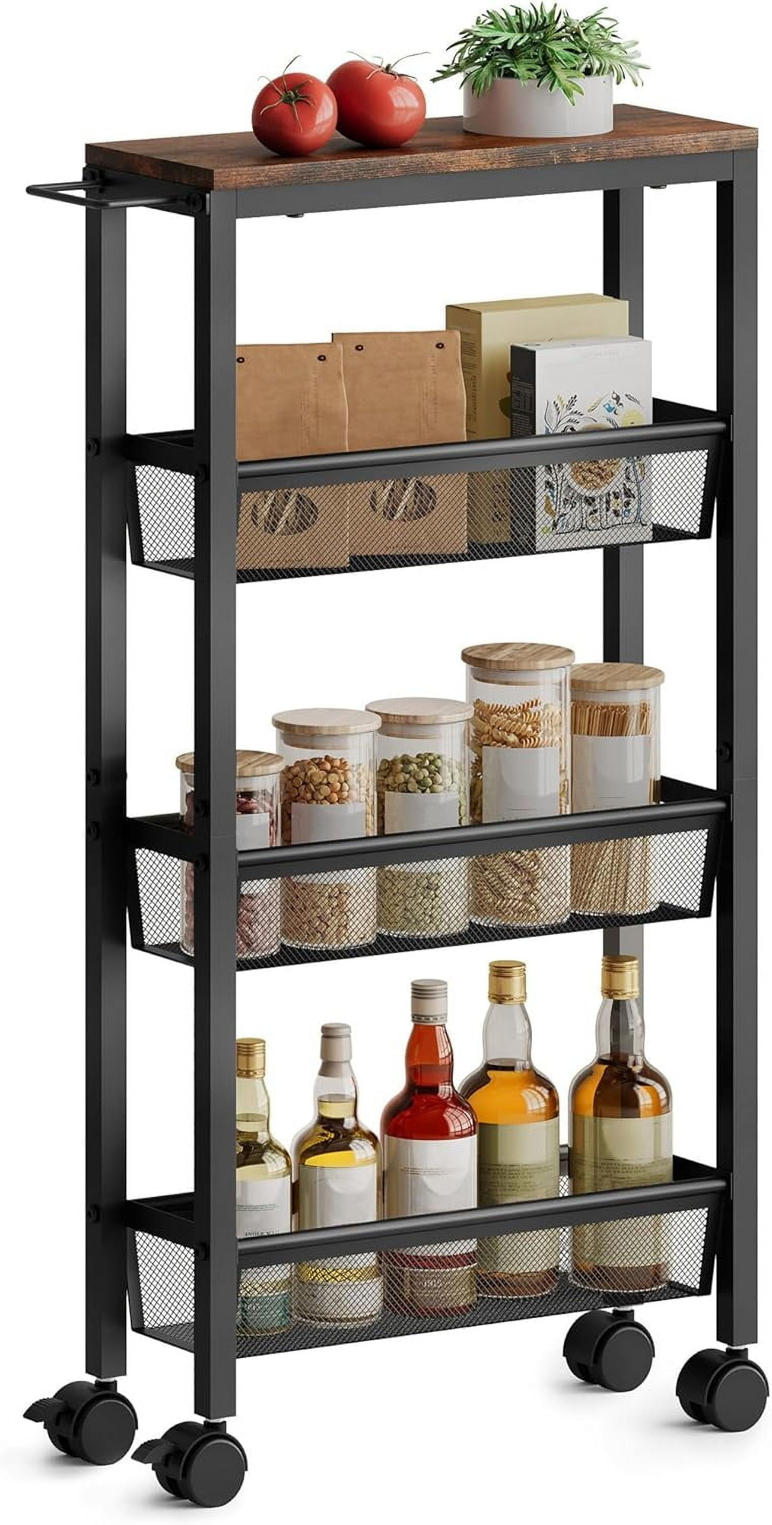 Slim Rolling Storage Cart, 4-Tier Narrow Kitchen Storage Cart with ...