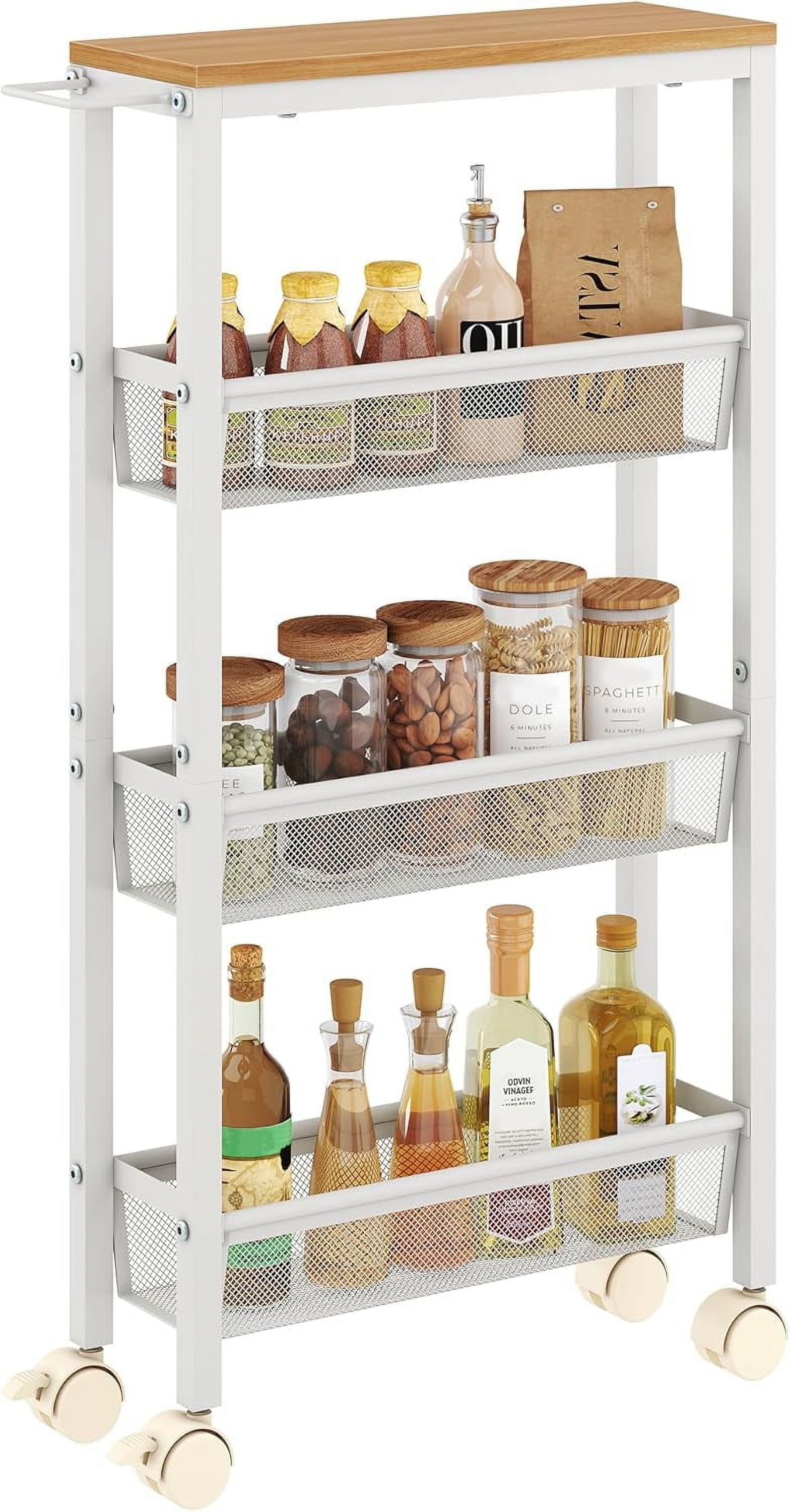 Slim Rolling Storage Cart, 4-Tier Narrow Kitchen Storage Cart with ...
