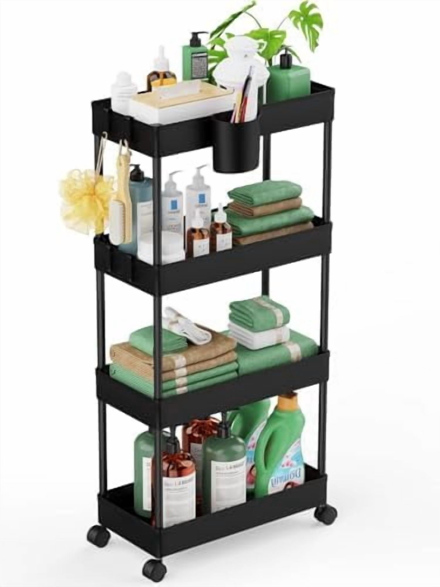 Slim Rolling Storage Cart - 4 Tiers Bathroom Organizer Utility Cart ...