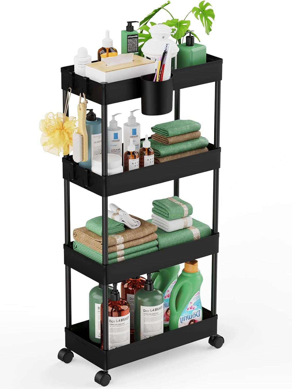 Slim Rolling Storage Cart - 4 Tiers Bathroom Organizer Utility Cart ...