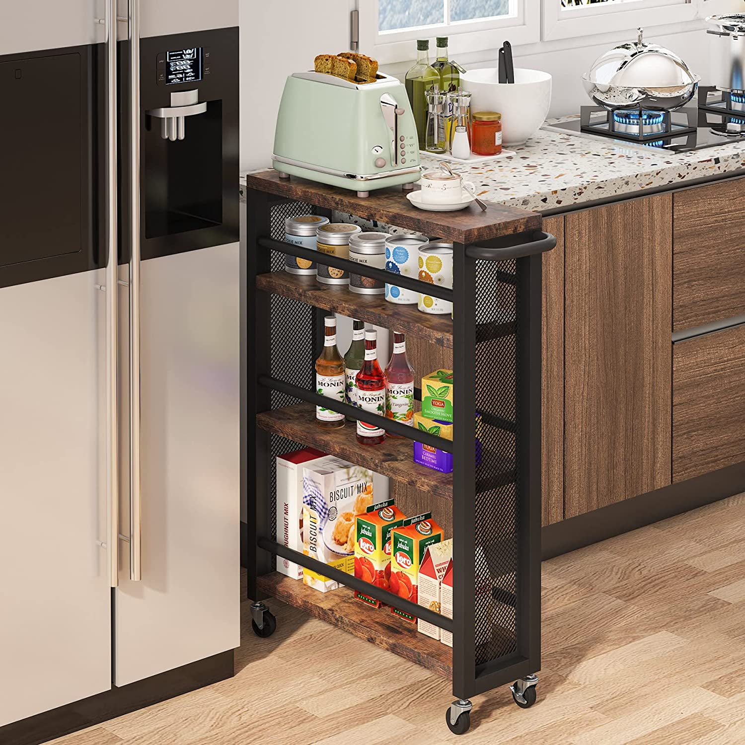 Slim Rolling Utility Carts with Wheels,4-Tier Narrow Kitchen Trolley ...