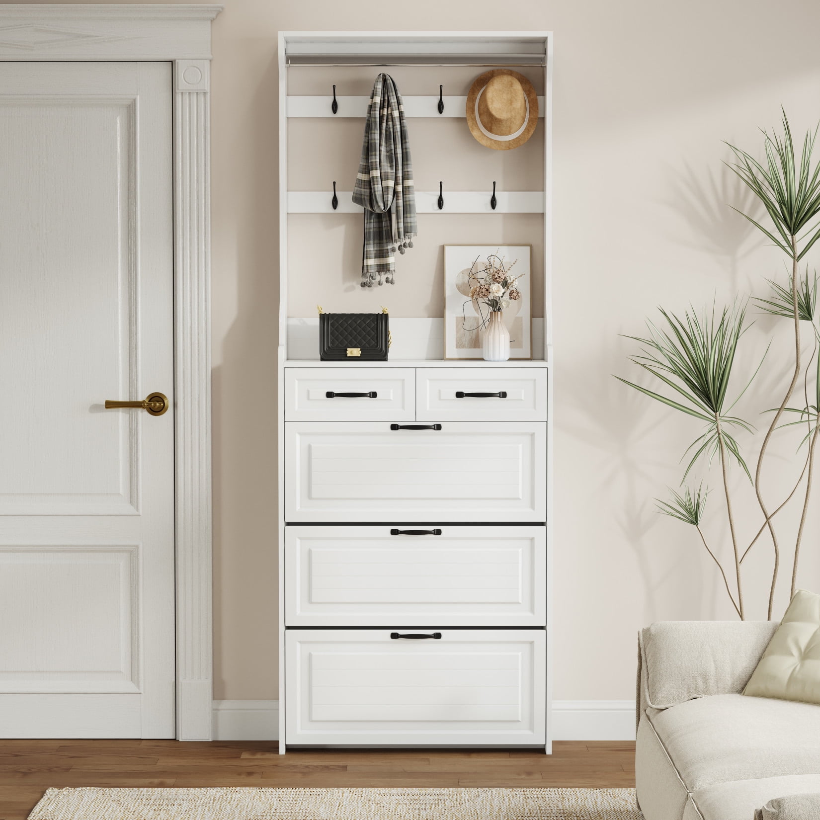 Slim Shoe Cabinet with 3 Drop-Down Doors & 2 Drawers, Freestanding ...