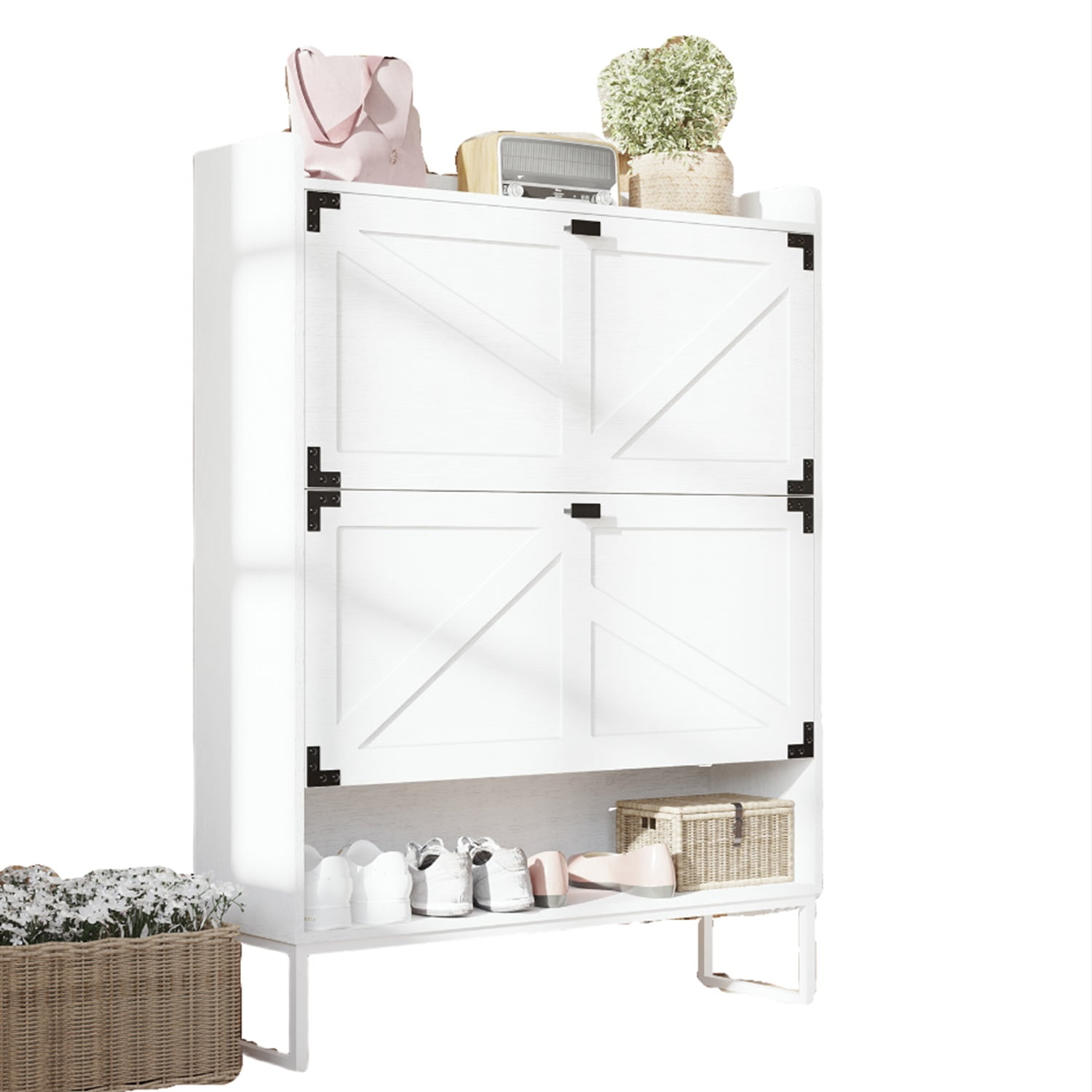 Slim Shoe Cabinet Organizer With 2 Flip Drawers, Farmhouse Hidden Shoe ...