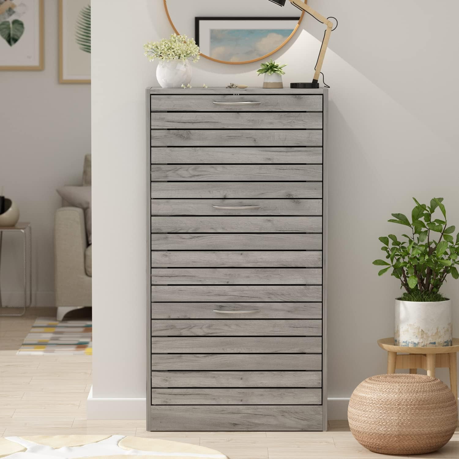 Slim Shoe Cabinet with 3 Flip Drawers, Entryway Organizer, Wooden ...