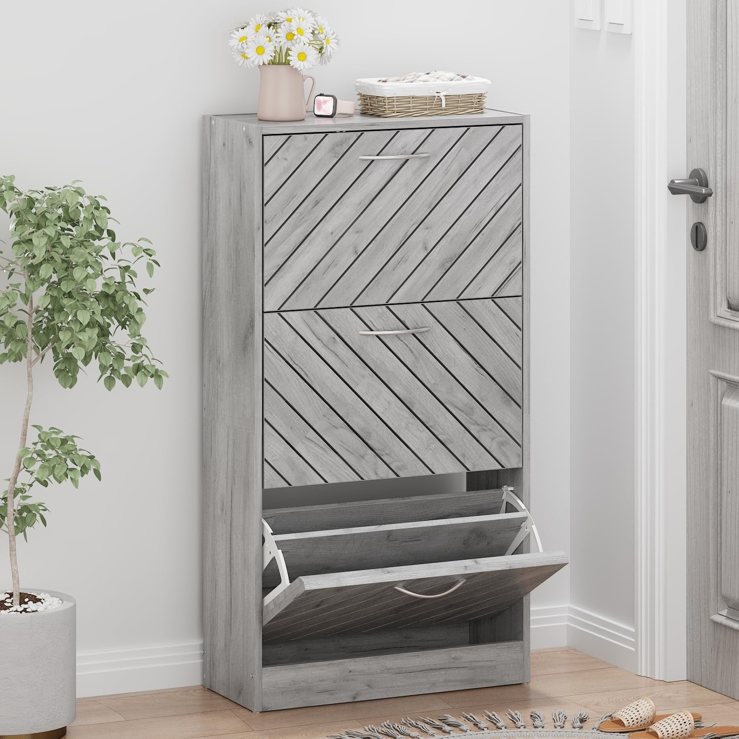 Slim Shoe Cabinet with 3 Flip Drawers, Entryway Organizer, Wooden ...