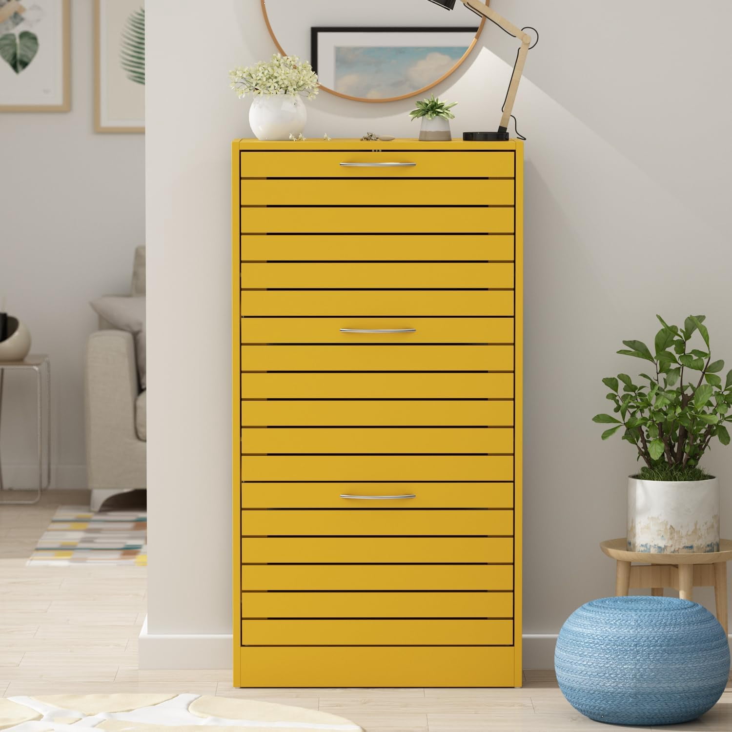 Slim Shoe Cabinet with 3 Flip Drawers, Entryway Organizer, Wooden ...