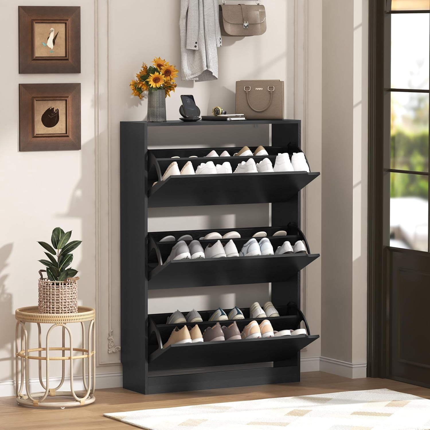 Slim Shoe Cabinet with 3 Flip Drawers, Freestanding Wooden Shoe Storage ...