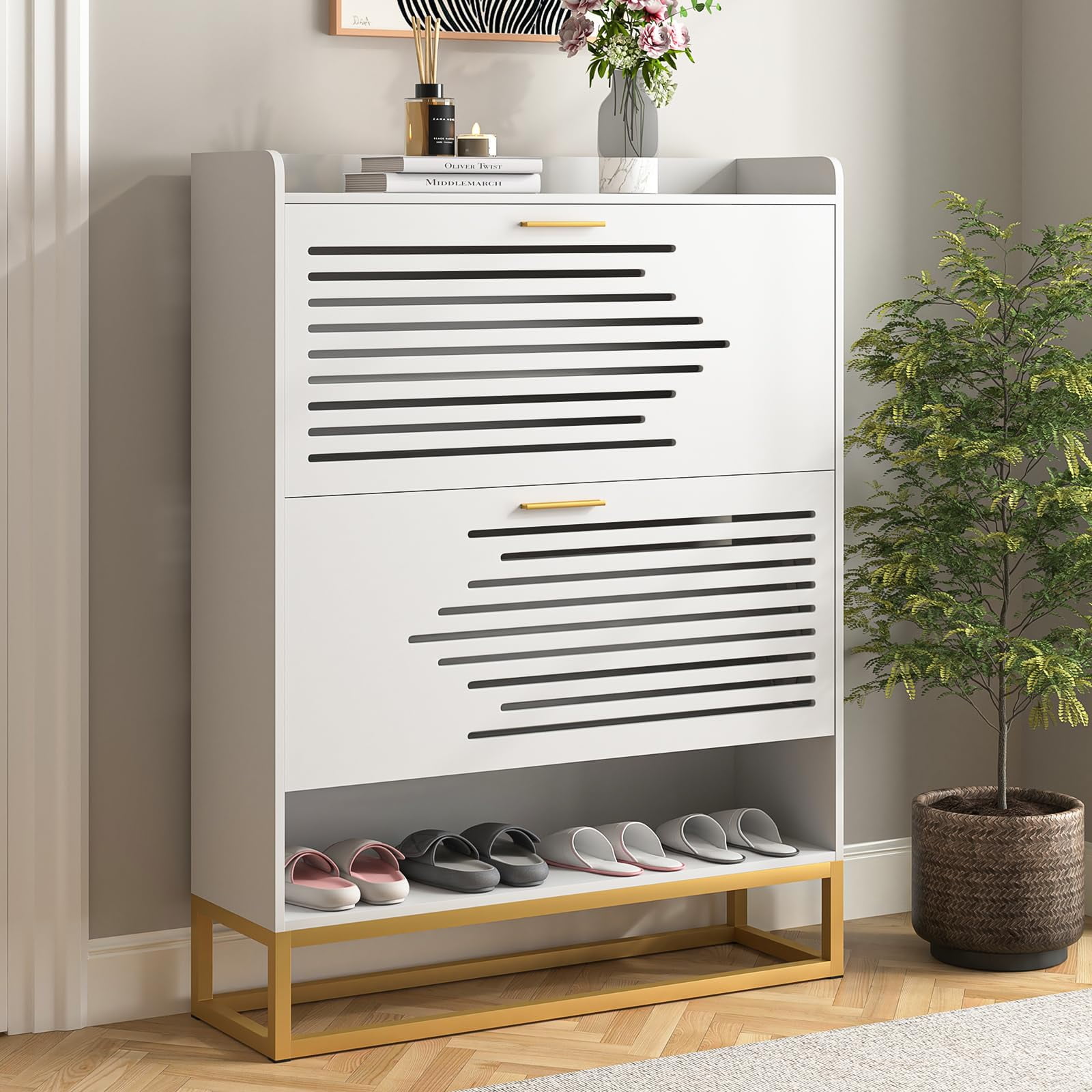 Slim Shoe Storage Cabinet with 2 Flip Hollow Drawers and Bottom Cubby ...