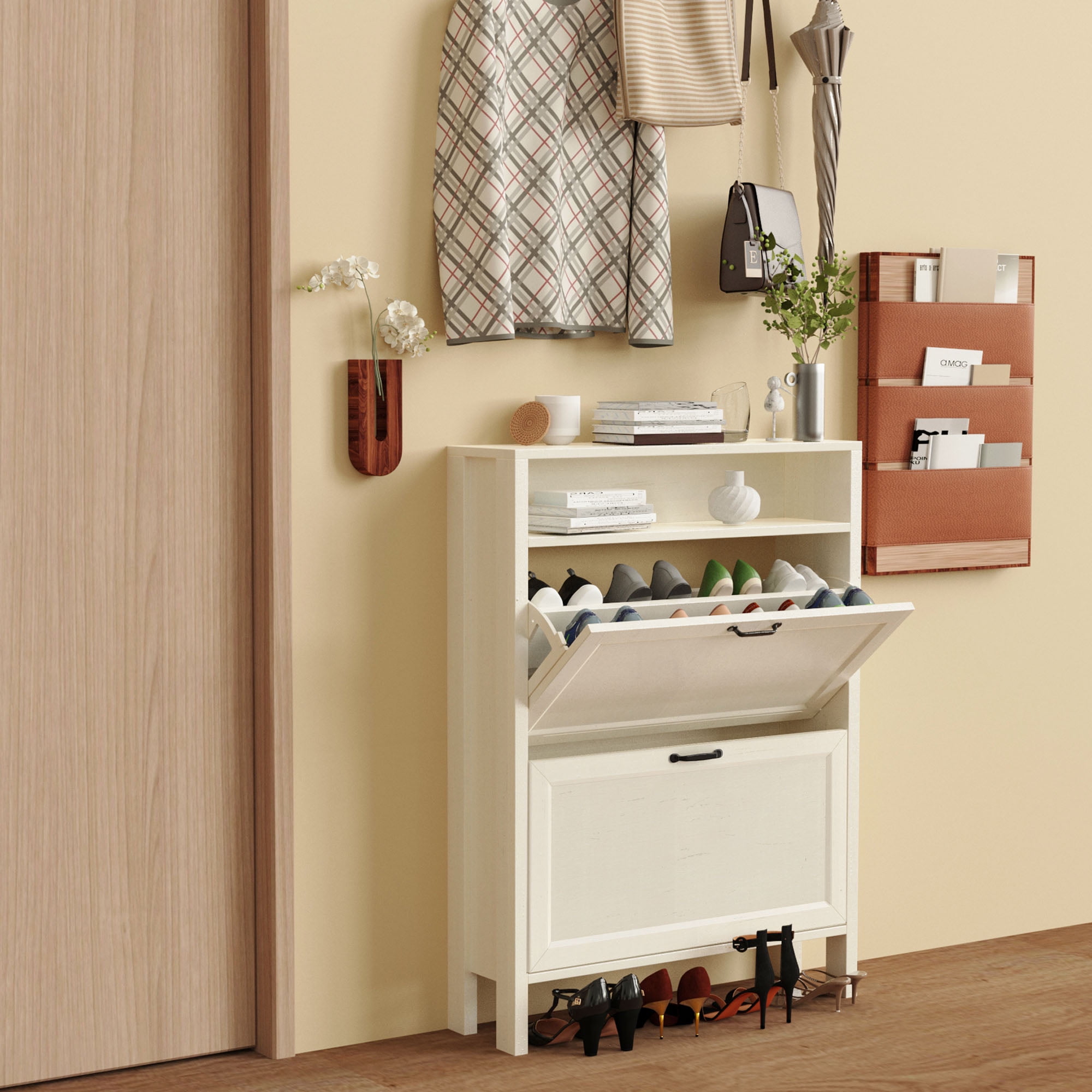 Slim Shoe Storage Cabinet with Two Flip Drawers, Hidden Shoe Storage ...