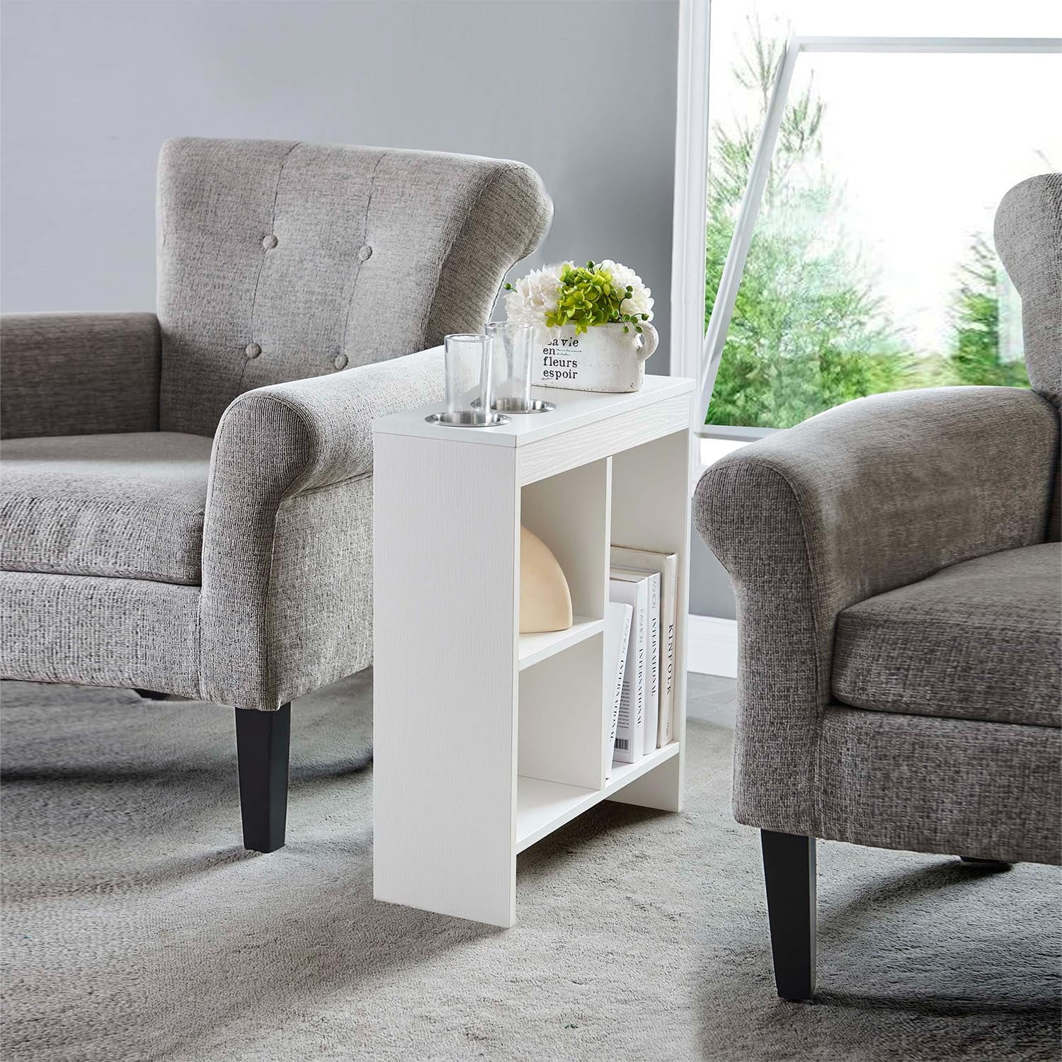 Slim Side End Table with Drink Holders and Storage Shelves, Narrow ...