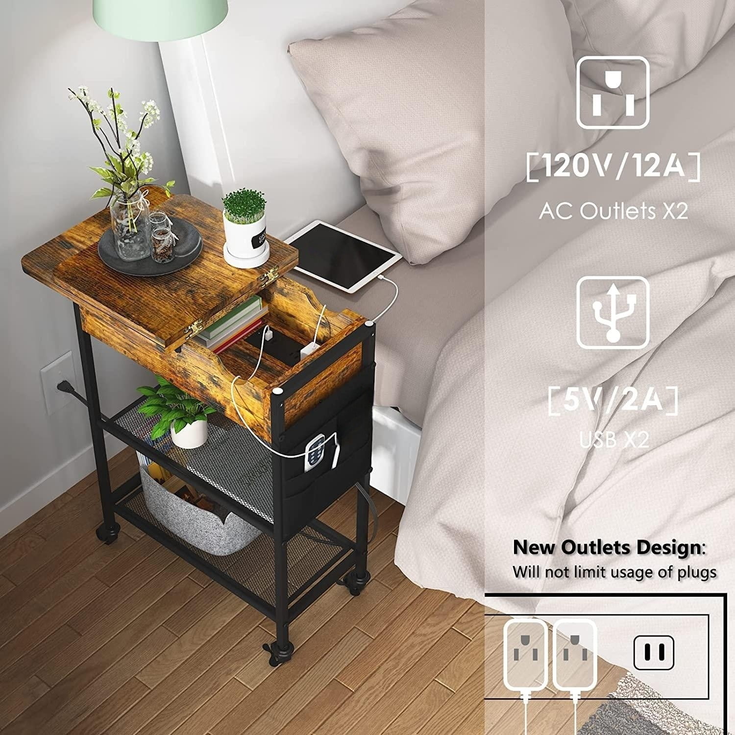 Slim Side Table with USB Ports and Outlets, Narrow End Table with ...