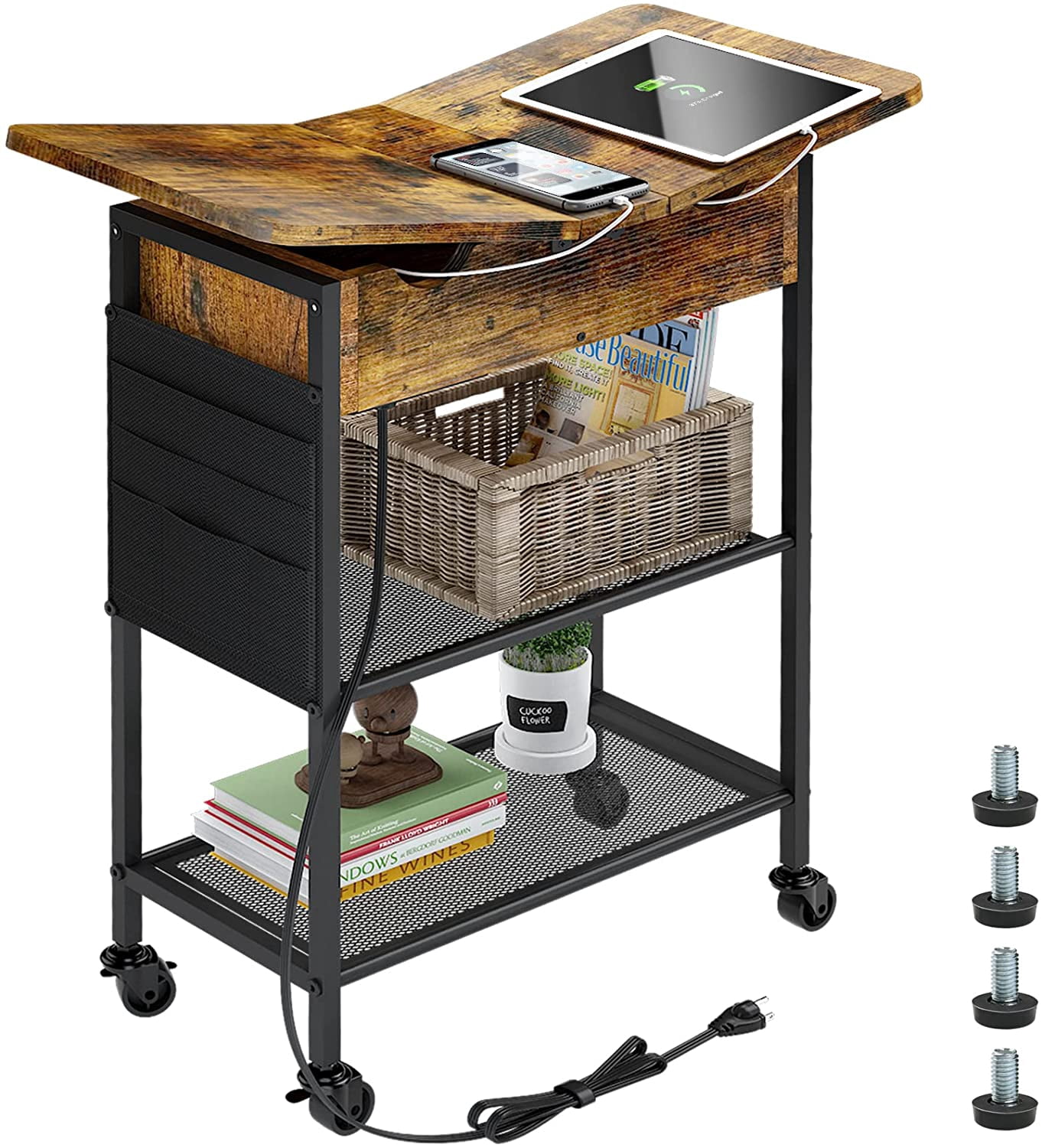 Slim Side Table with Wheels, USB Ports and Outlets, Rolling Narrow End ...