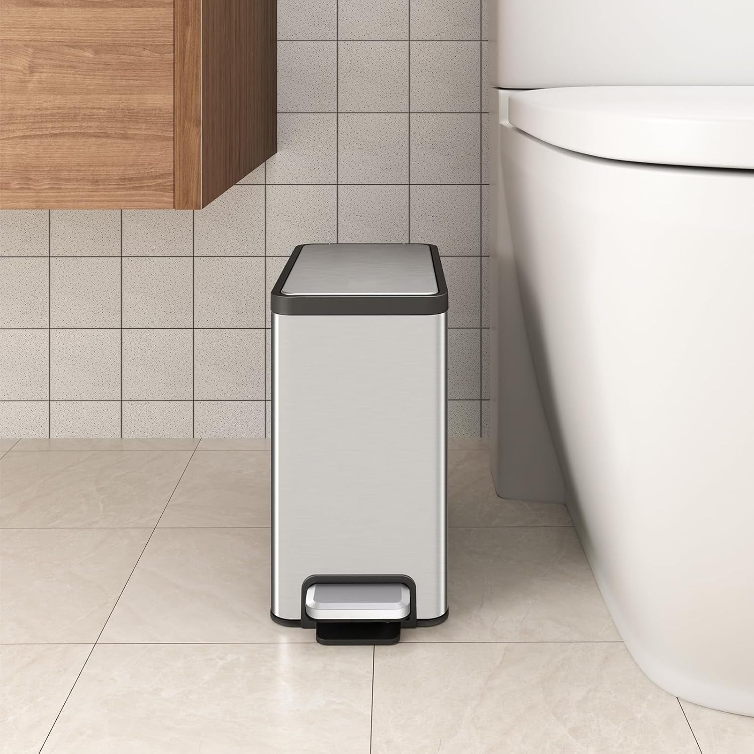 Slim Small Bathroom Trash Can with Lid, Stainless Steel Kitchen Garbage ...
