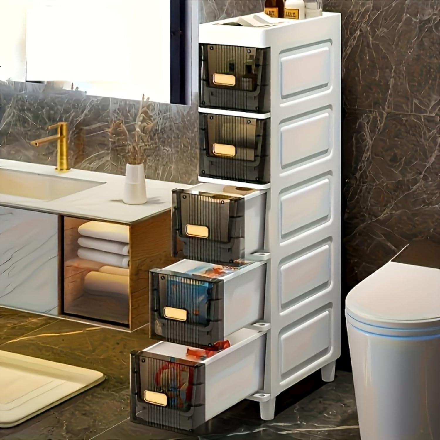 "Slim Storage Cabinet with Drawers - Durable Waterproof PP Organizer ...