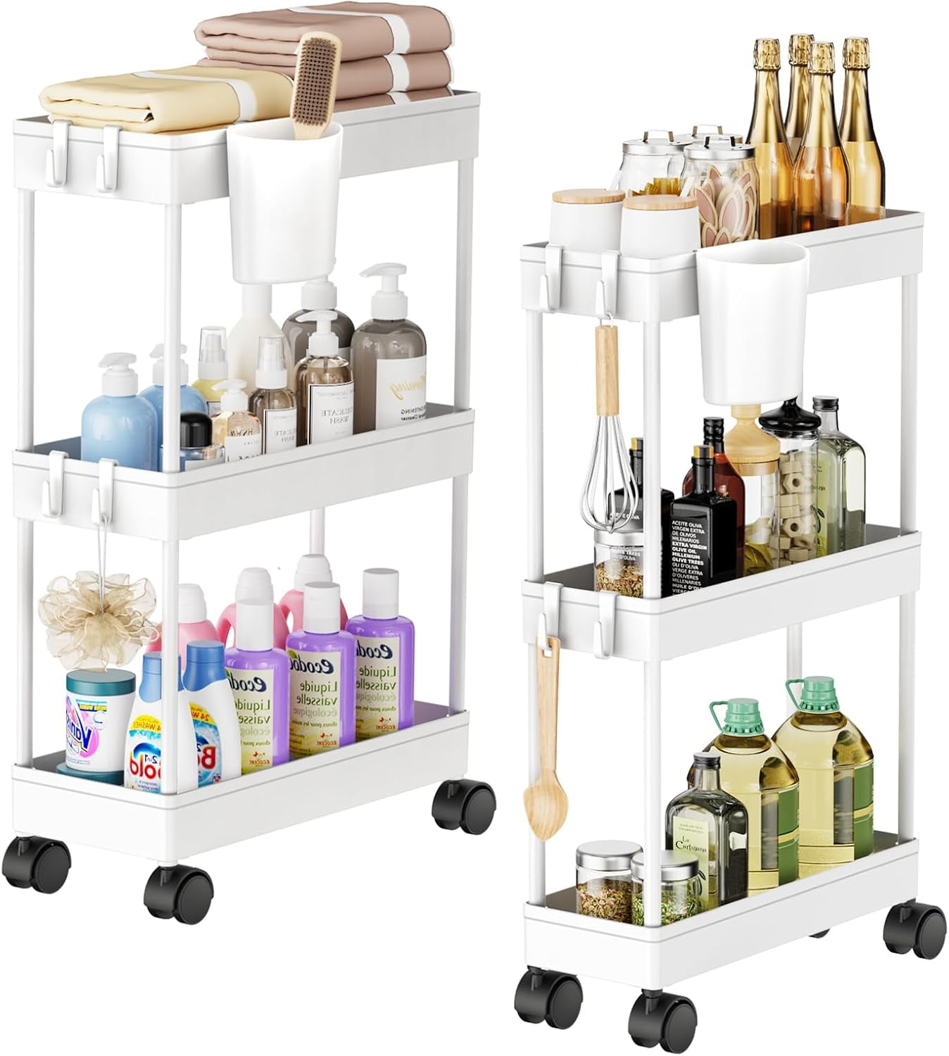 Slim Storage Cart, 2 Pack Narrow Bathroom Cart with Wheels for Small ...