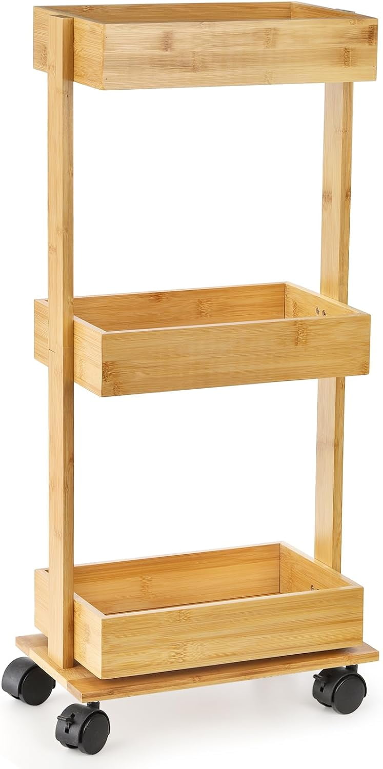 Slim Storage Cart, 3-Tier Bamboo Rolling Utility Cart Standing Rack on ...